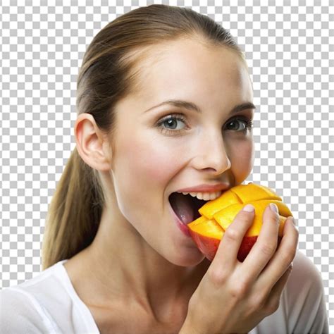 Premium PSD Smiling Adult Girl Eats The Slice Of A Fresh Mango