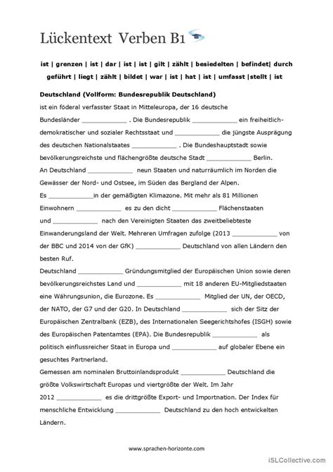 Deutschland Lückentext mit LÖSUNGE Deutsch DAF Arbeitsblätter pdf doc