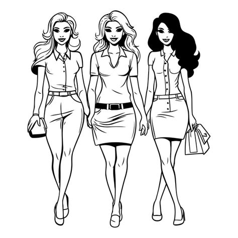 Hermosas Chicas De Moda En Estilo Boceto En Blanco Y Negro Vector Premium