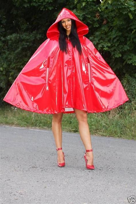 Red PVC Hooded Cape Rain Wear Vinyl Fashion Red Raincoat