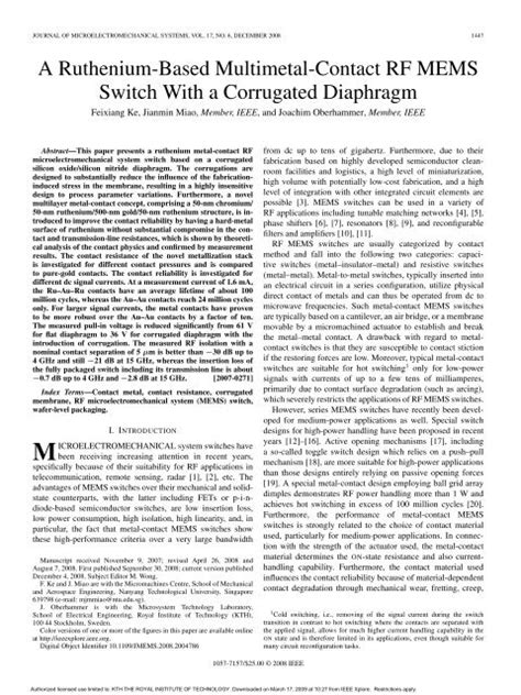 A Ruthenium Based Multimetal Contact Rf Mems Switch With A