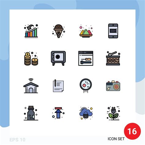Pictogram Set Of 16 Simple Flat Color Filled Lines Of Stack Coins Color Camera Mobile Editable