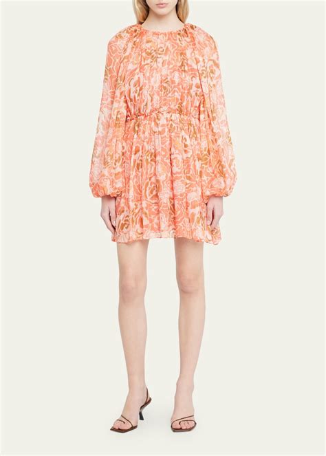 Tanya Taylor York Floral Linen Silk Blouson Sleeve Mini Dress Guava