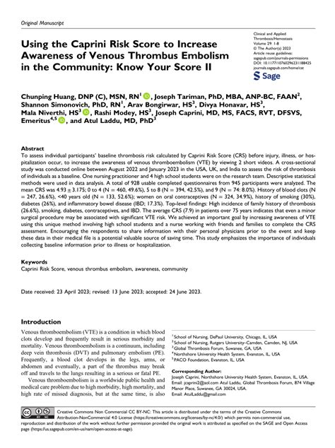 Pdf Using The Caprini Risk Score To Increase Awareness Of Venous
