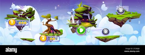 Game Ui Level Map With Floating Islands With River And Waterfall Green Grass And Trees And