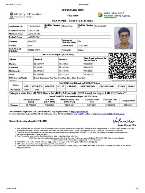Jee Main Scorecard Pdf Tests Student Assessment And Evaluation