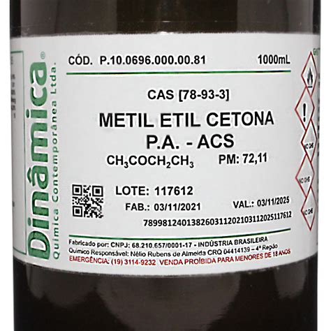 METIL ETIL CETONA MEK PA ACS 1L PF SSP Didática SP