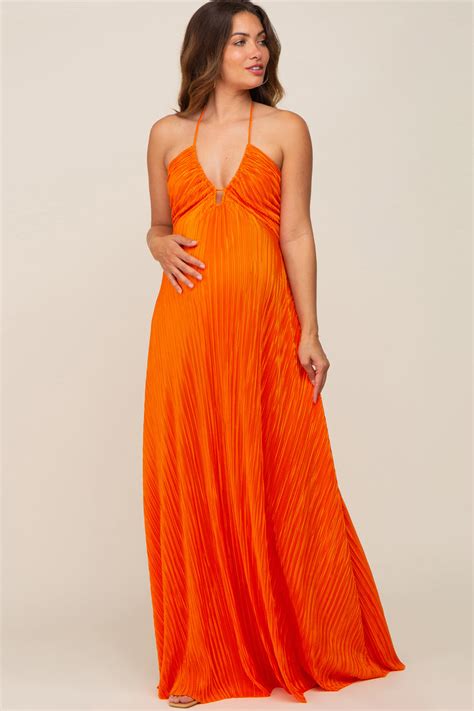 Orange Plisse Halter Back Tie Maternity Maxi Dress Pinkblush