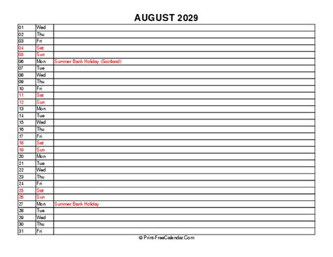 Download Liner August Calendar 2029 With Uk Bank Holidays Sunday Start