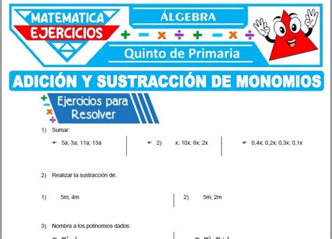 Ejercicios de Adición y Sustracción de Monomios para Quinto de Primaria