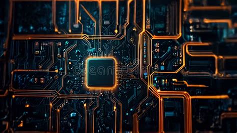 Close Up Of Futuristic Circuit Board With Glowing Central Microchip