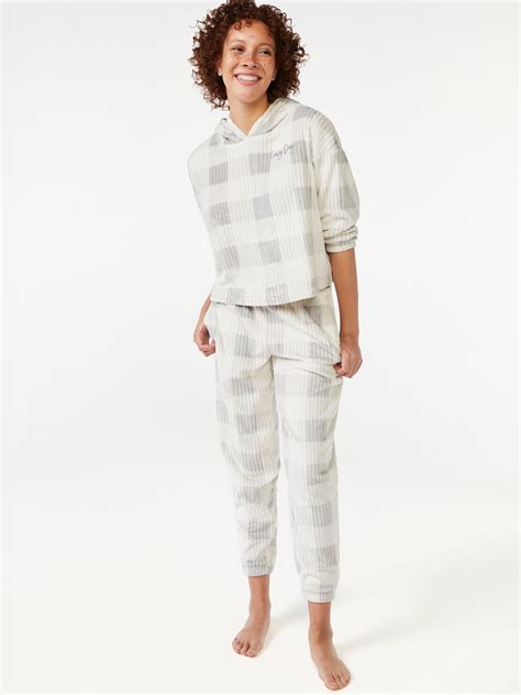 Joyspun Womens Plush Buff Long Sleeve Hooded Top And Pants Pajama Set