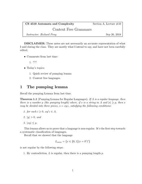 Fa18 Sep26 Cfg Class Notes Cs 4510 Automata And Complexity Section