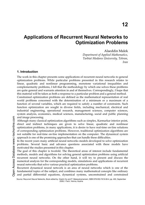 pdf applications of recurrent neural networks to optimization problems