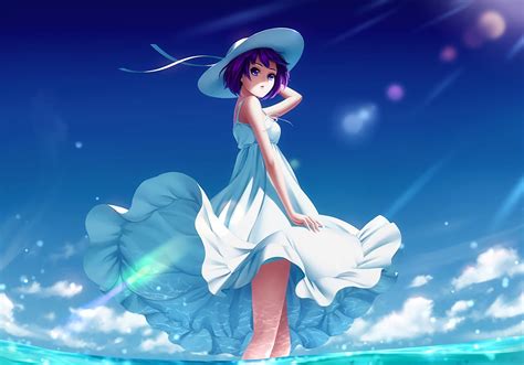 Bakemonogatari Beach Dineandrita Dress Hat Monogatari Series Purple Hair Senjougahara Hitagi Sky