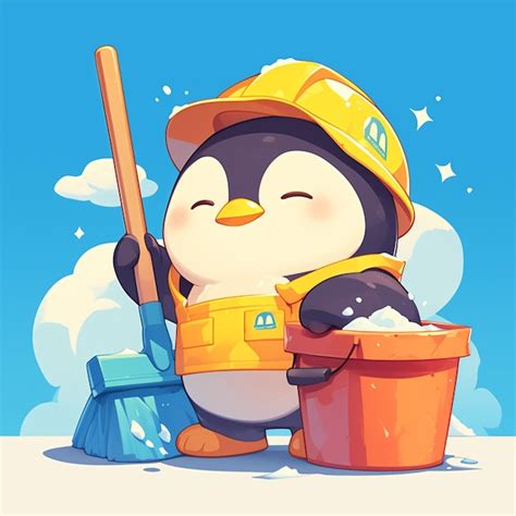 Premium Vector A Diligent Penguin Sanitation Worker Cartoon Style