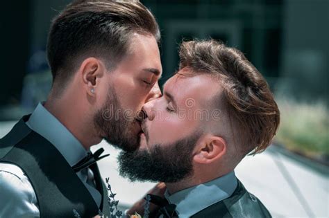 Gay Couple Kissing Gay Marriage Closeup Male Kiss Holidays