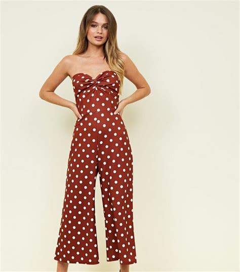 Brown Spot Print Twist Front Strapless Jumpsuit New Look Jumpsuit