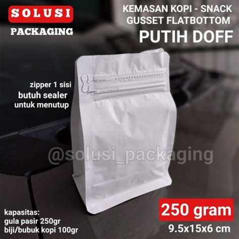 Jual Kemasan Kopi Gusset FLAT BOTTOM PUTIH Doff 250 Gram Plastik Klip Pouch Kota Surabaya