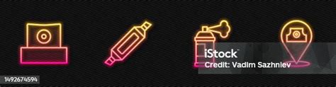 세트 라인 페인트 스프레이 캔 스프레이 노즐 캡 마커 펜 및 빛나는 네온 아이콘입니다 벡터 하이라이트에 대한 스톡 벡터 아트 및