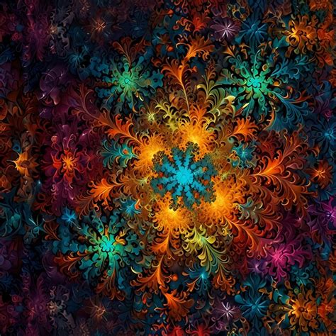 Fractal Explosion Of Bright Colors With Complex Repeating Patterns Creating A Dynamic And Vivid