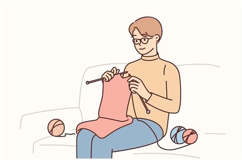 Premium Vector Man Knits Scarf Or Winter Sweater Sits On Sofa And