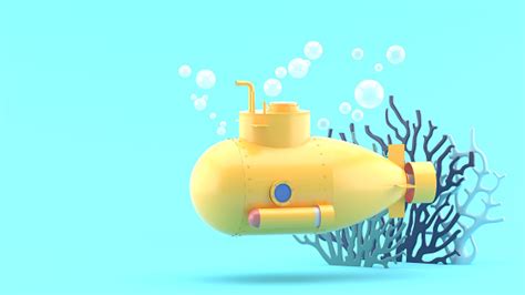 잠수함과 산호는 파란색 배경에 거품으로 둘러싸여 있습니다3d 렌더링 N 잠수함에 대한 스톡 사진 및 기타 이미지 잠수함