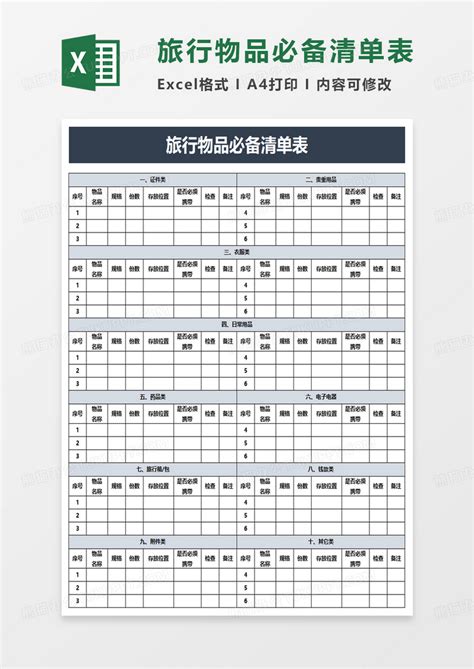 旅行物品必备清单表Excel模板下载 熊猫办公