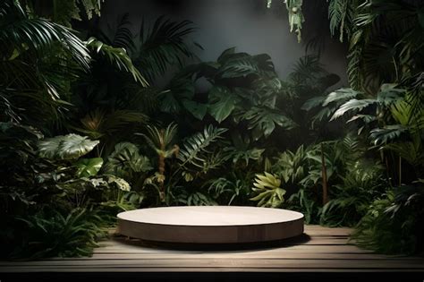 정글 포디움 나무 무대 배경 무대 자연 포디움 자연 테이블 돌 테이블 무대 3d 무대 프리미엄 사진