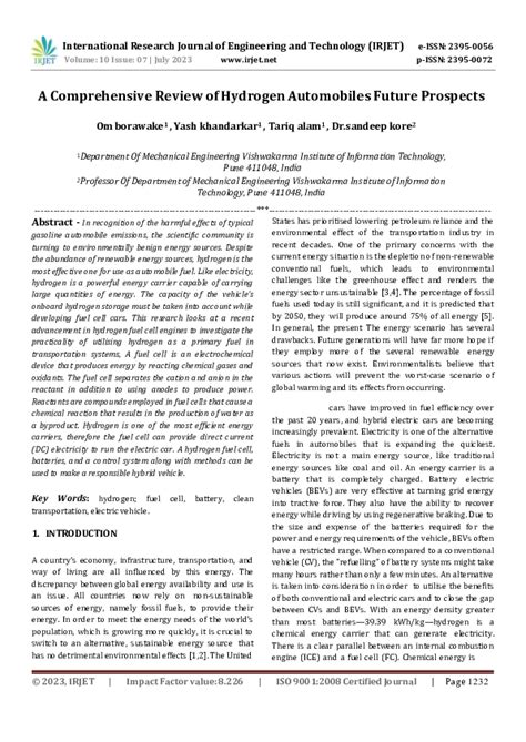 Pdf A Comprehensive Review Of Hydrogen Automobiles Future Prospects