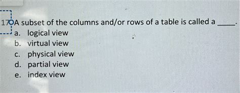 Solved 170a Subset Of The Columns Andor Rows Of A Table Is