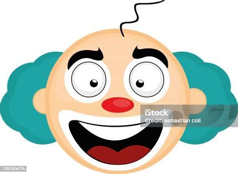 밝은 표정으로 광대의 머리의 벡터 이모티콘 일러스트 만화 열린 입으로 미소 공연에 대한 스톡 벡터 아트 및 기타 이미지 공연