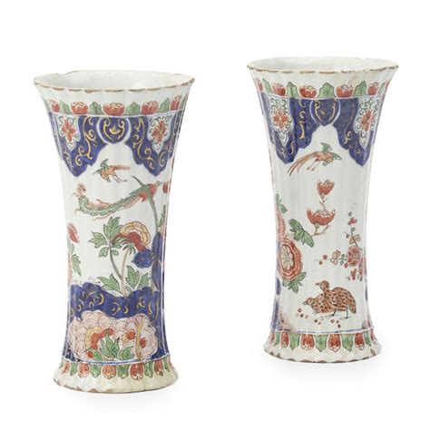 Bonhams Skinner Pair Of Dutch Delft Doré Fluted Vases Holland C 1720