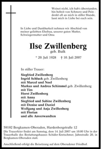 Traueranzeigen Von Ilse Zwillenberg Trauer In Nrwde
