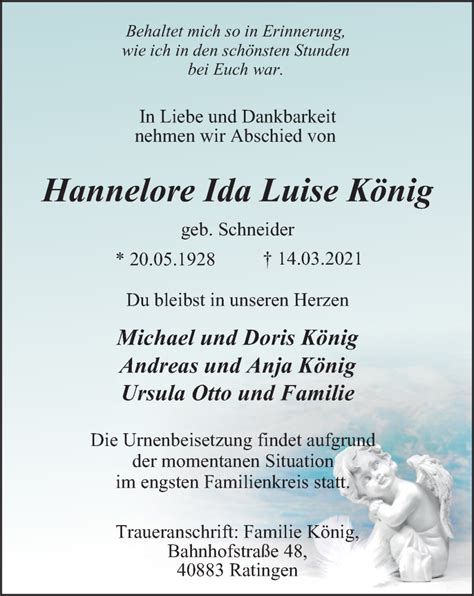 Traueranzeigen von Hannelore Ida Luise König Trauer in NRW de