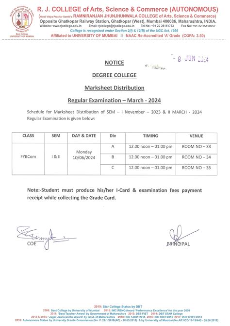 Schedule For Marksheet Distribution Of Fybcom Regular Examination Sem I November 2023 And Sem