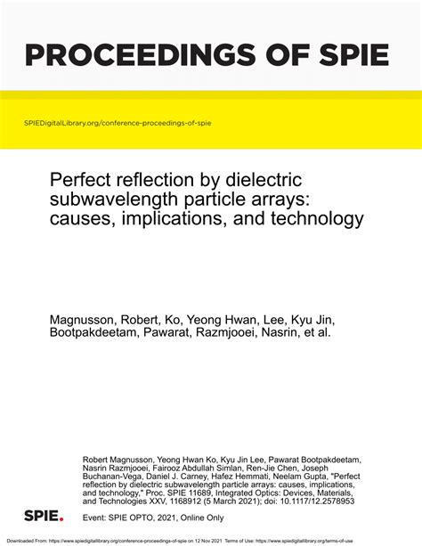 Pdf Perfect Reflection By Dielectric Subwavelength Particle Arrays Causes Implications And