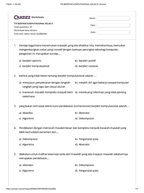 Tik Berpikir Komputasional Kelas 8 Quizizz Pdf