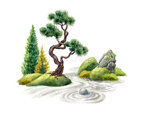 Watercolor Illustration Of Zen Garden With Bonsai Tree And Rocks And
