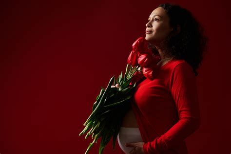 임신 3학기에 있는 아름다운 임산부 배를 만지고 빨간 고립된 배경에 빨간 튤립을 들고 있다 30 39세에 대한 스톡 사진 및