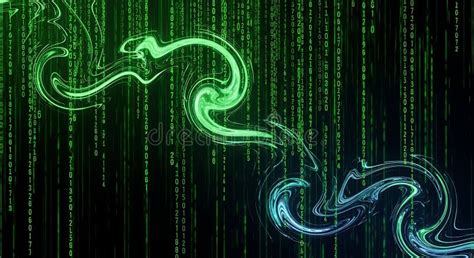 Green Digital Rain Streams With Swirling Vortexes And Binary Code Stock Illustration