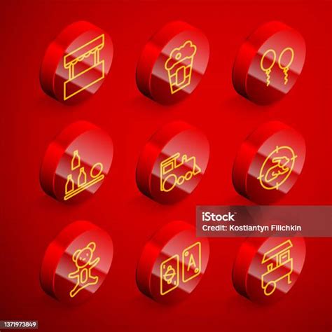 세트 라인 티켓 박스 오피스 팝콘 풍선 병 공 장난감 기차 십자선사냥 토끼 테디 베어 봉제 인형과 타로 카드 아이콘 벡터 3차원 형태에 대한 스톡 벡터 아트 및 기타 이미지