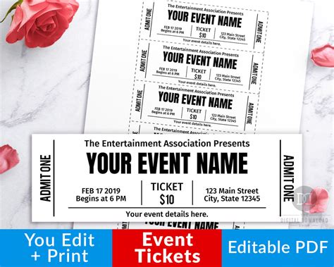 Event Ticket Editable Printable Black And White The Digital Download Shop