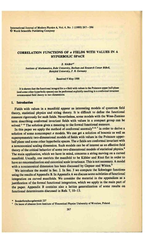 Pdf Correlation Functions Of σ Fields With Values In A Hyperbolic Space
