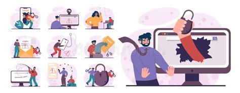 Data Theft Concept Set Cyber Attack Hacker Stealing Personal Data Stock Illustration