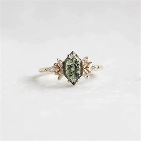 Lara Hexagon Moss Agate Diamond Cluster Engagement Ring Capucinne