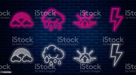 設置線雲與雨日出彩虹與雲和閃電磚牆上發光的霓虹燈圖示向量向量圖形及更多商標圖片 商標 夏天 外型 Istock
