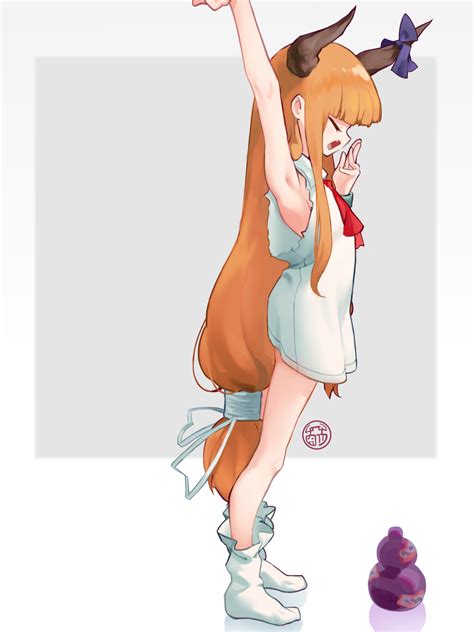 Kaede Shijie Heping Ibuki Suika Touhou Highres Girl Arm Up Armpits Blouse Blue Ribbon