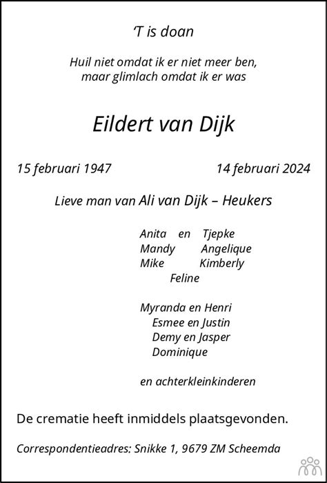 Eildert Van Dijk 14 02 2024 Overlijdensbericht En Condoleances Mensenlinqnl