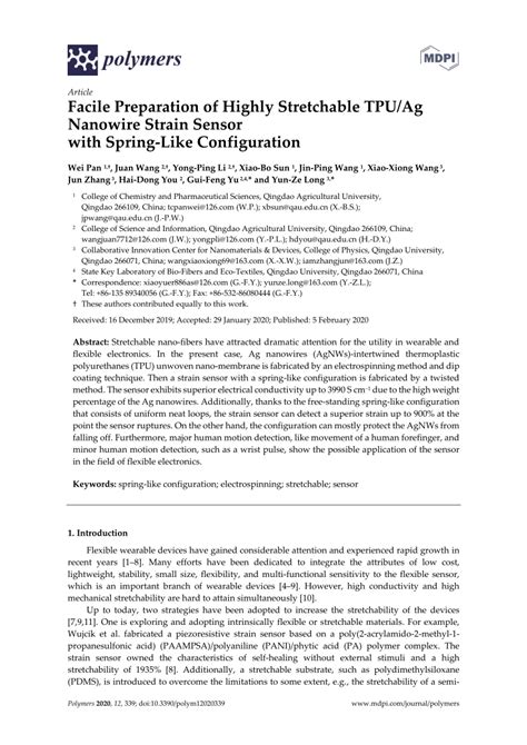 Pdf Facile Preparation Of Highly Stretchable Tpuag Nanowire Strain Sensor With Spring Like